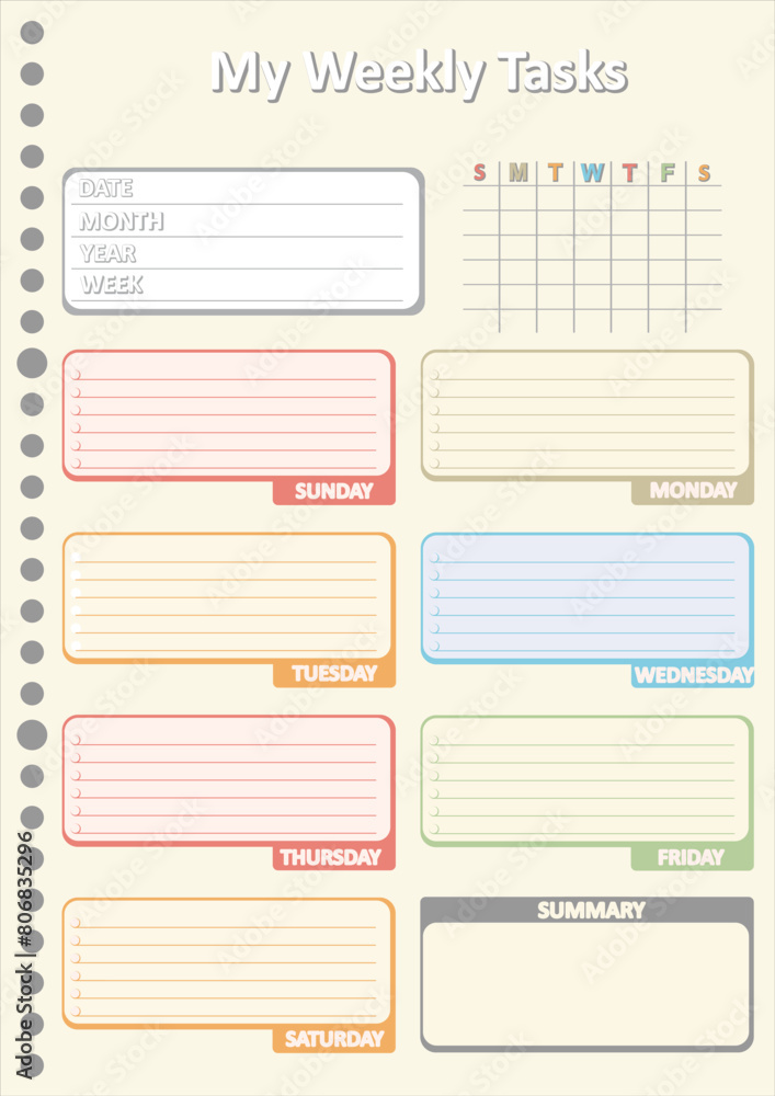 Colorful Box Template Design for Weekly School ActivityTasks. 26 Holes ...