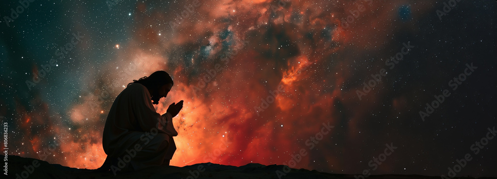 Jesus Christ praying with the Milky Way Galaxy stars in the night sky ...