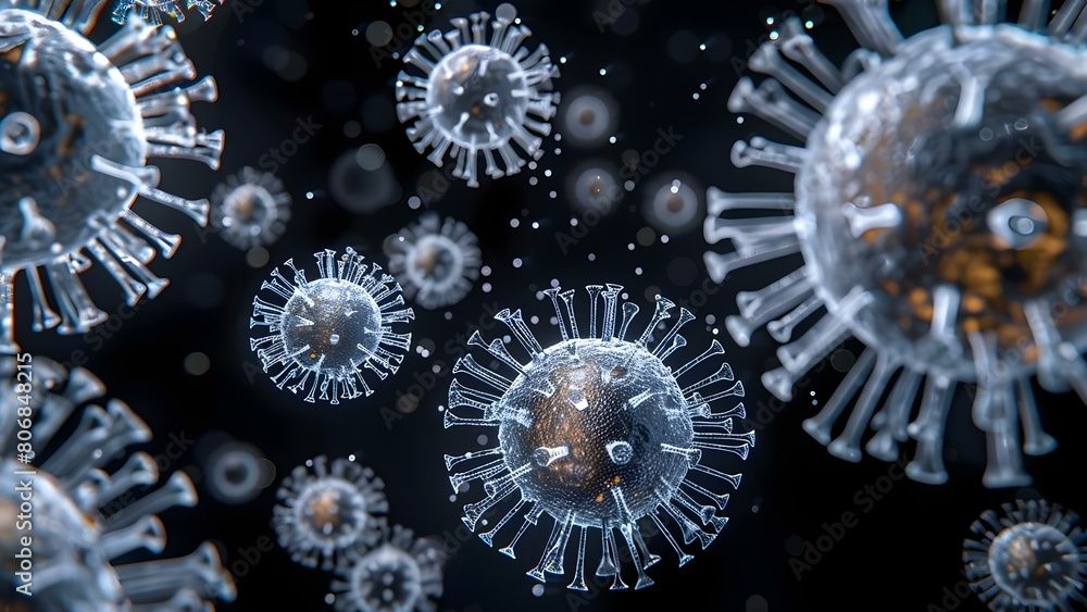 Closeup of herpes virus cells under microscope on black background ...