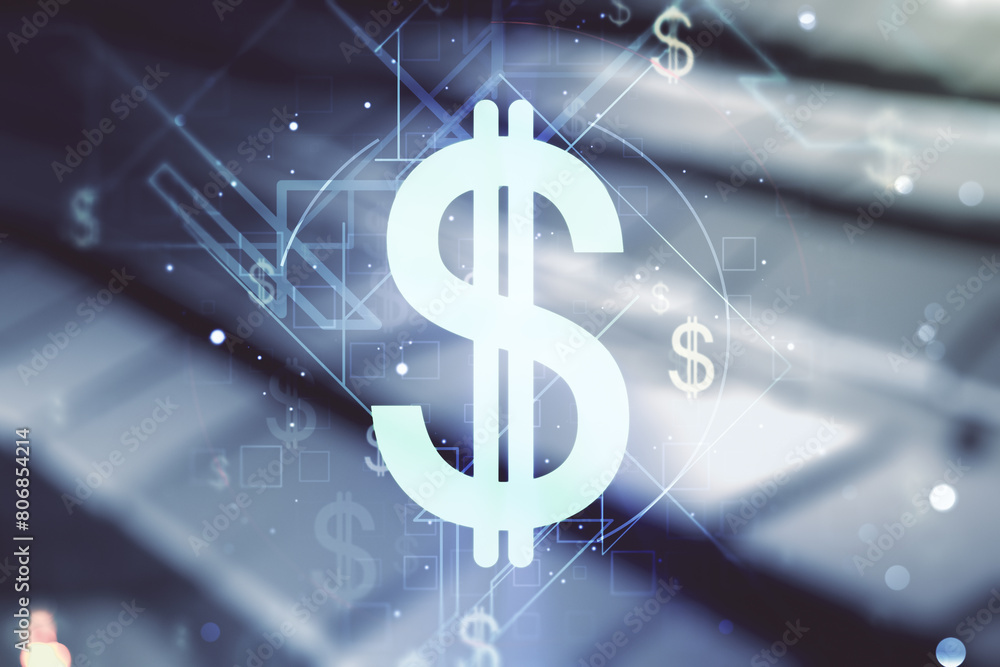 Double exposure of virtual USD symbols hologram on blurry metal ...