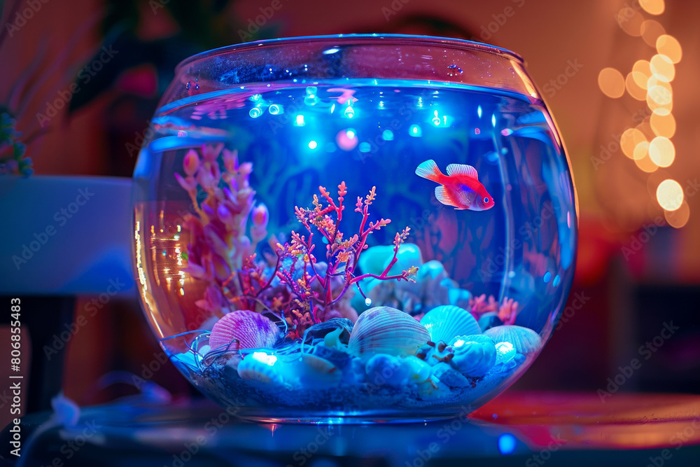 An underwater-themed scene with a glass bowl filled with water. Place ...