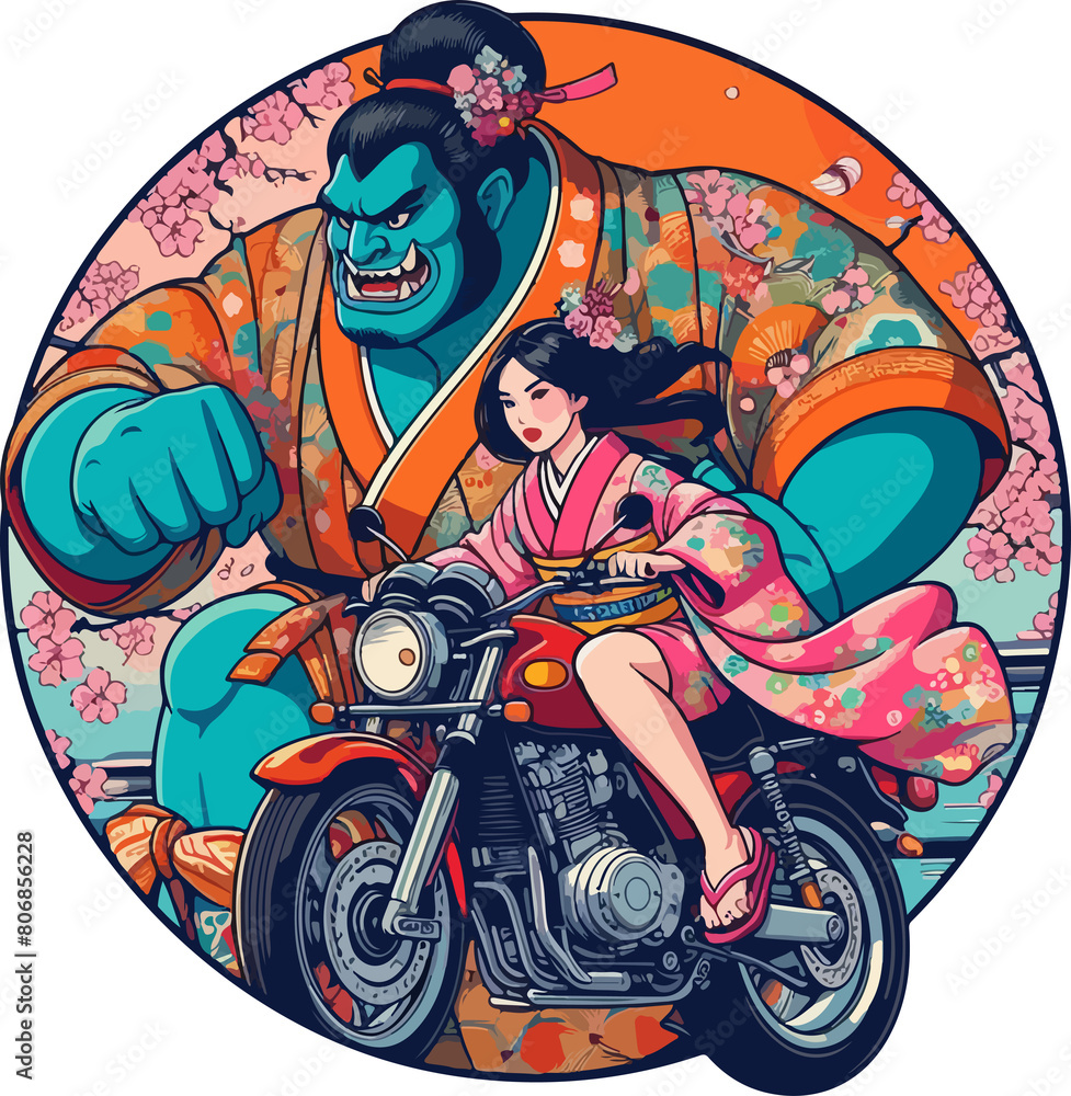 kimono girl and giant biker on motorcycle Stock Illustration | Adobe Stock