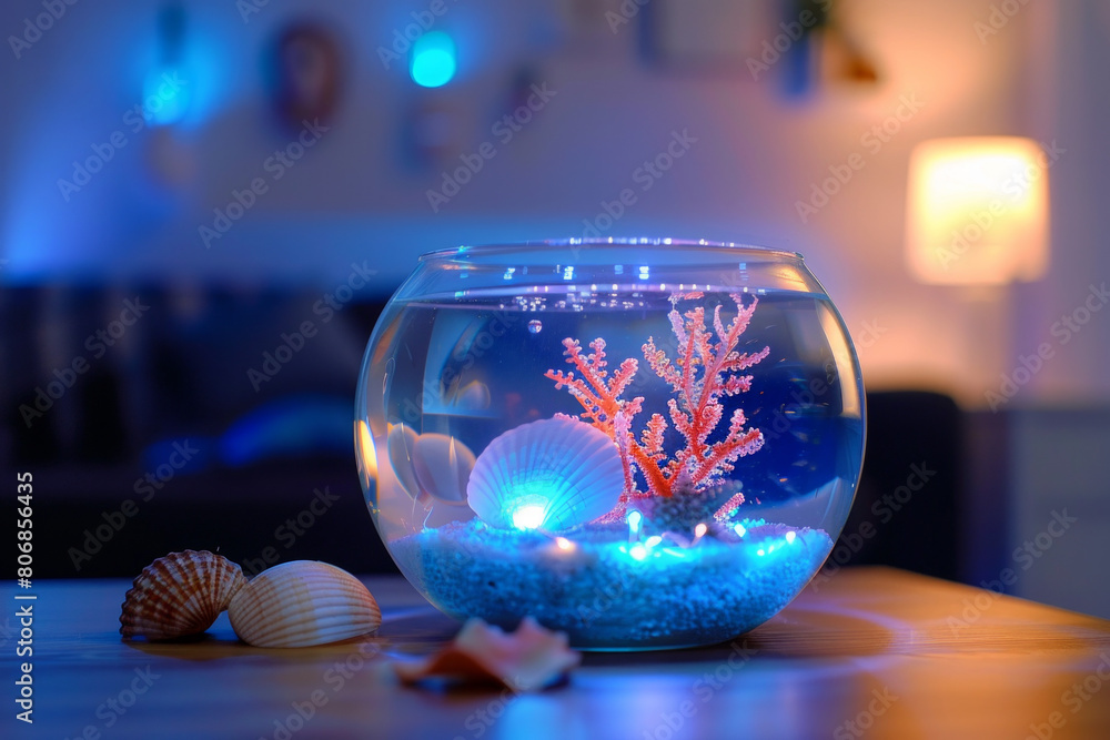 An underwater-themed scene with a glass bowl filled with water. Place ...