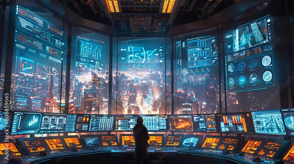 A vibrant visual of a smart city control center, with large screens ...