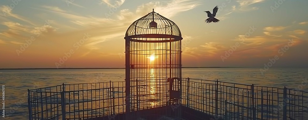 Bird flying out of cage, freedom concept, bird free from cage, bird in ...