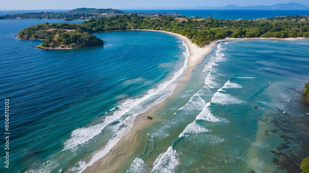 7h A semi aerial view of the long beach on the left side and lush ...