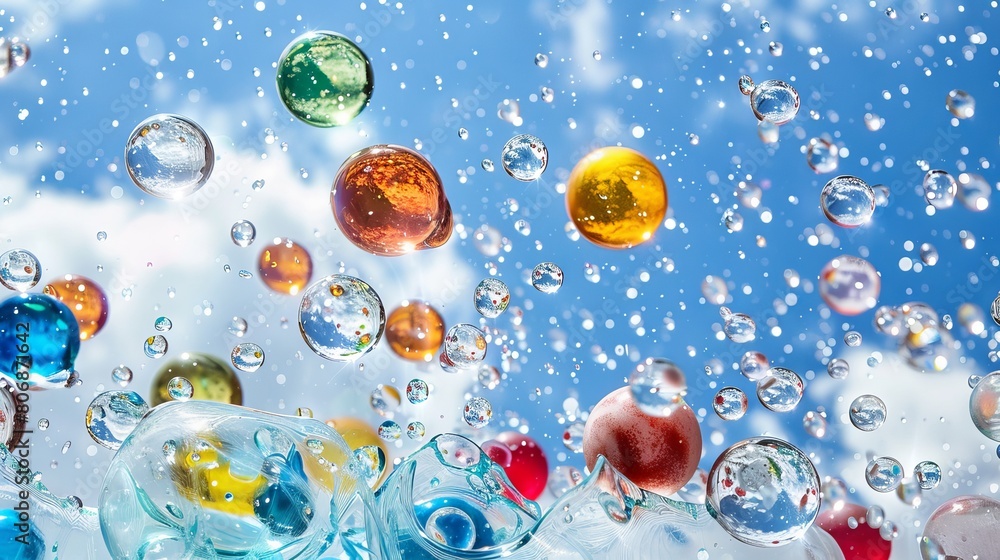very large marbles falling from a blue sky onto a trampoline and ...