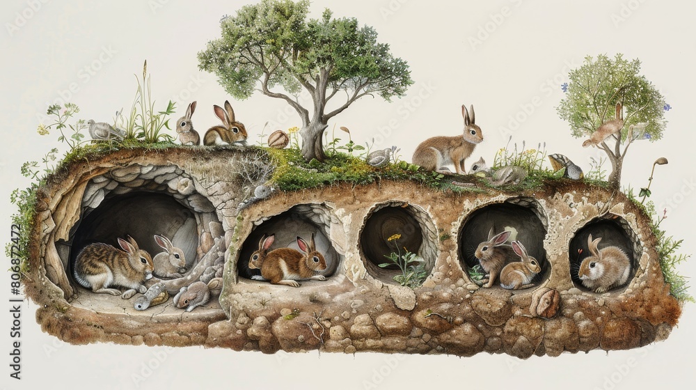 ภาพประกอบสต็อก Detailed cross-section of a rabbit burrow with multiple ...