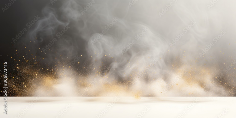 White smoke empty scene background with spotlights mist fog with gold ...