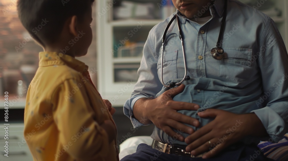 Doctor palpating child's belly to encourage regular preventive health ...