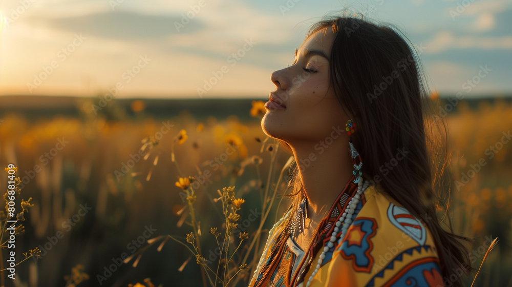 Young gen z Indigenous native woman in a field breathing in fresh air ...