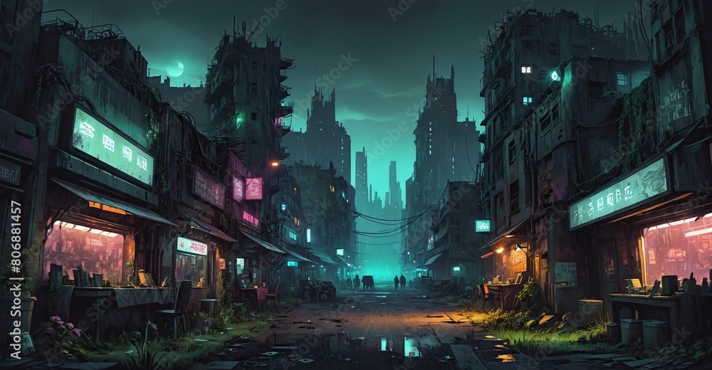 Gothic cyberpunk dystopian overgrowth city at night. Market district ...