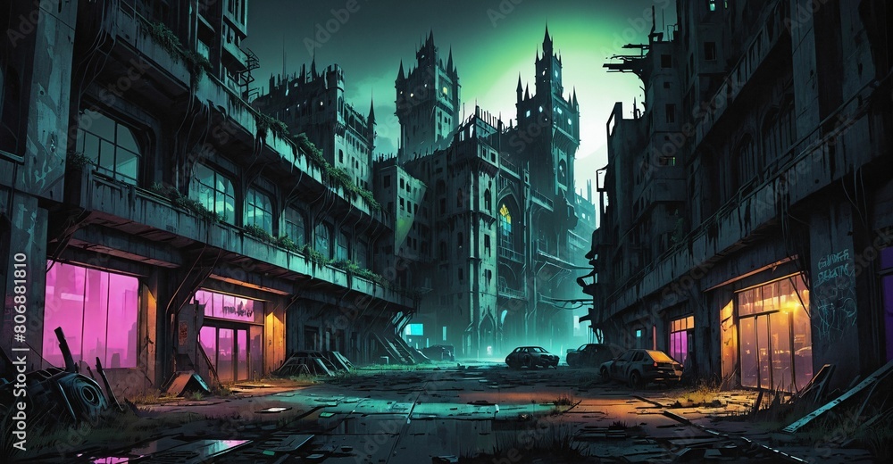 Gothic cyberpunk lo-fi dystopia city and castle. Dark goth post ...