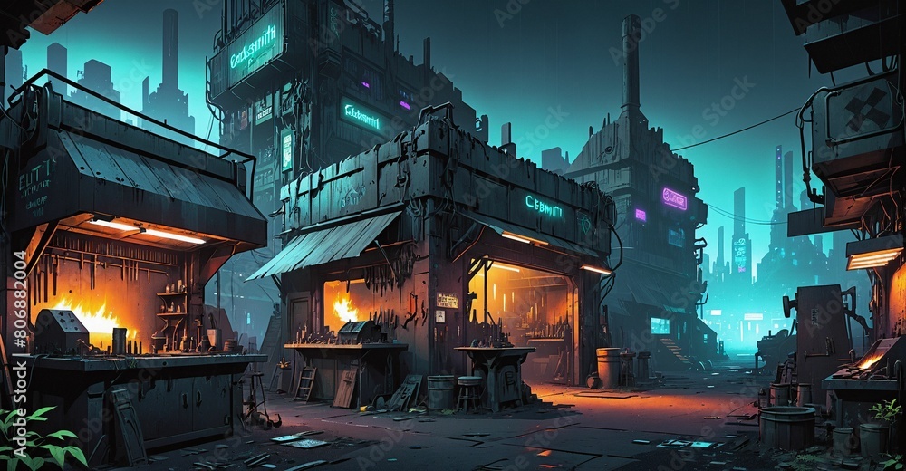 Dystopian cyberpunk gothic sci-fi blacksmith forge shop in futuristic ...
