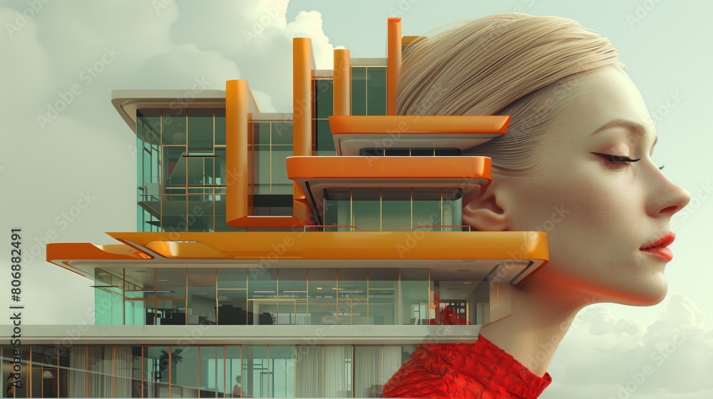 This conceptual portrait merges a woman's profile with an imposing ...