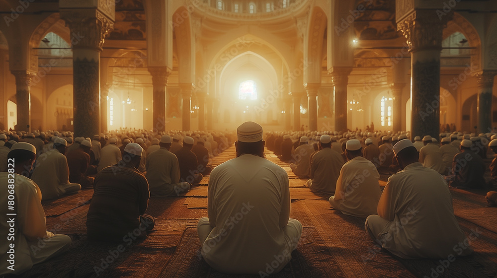 Devout Muslims Engaged in Prayer at a Majestic Mosque. A serene moment ...