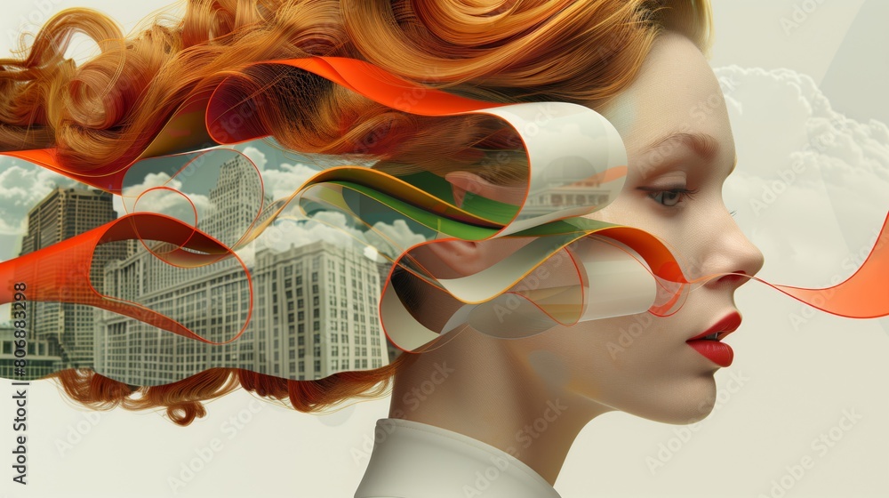 Surreal profile head of a redhaired woman with abstract flowing ...