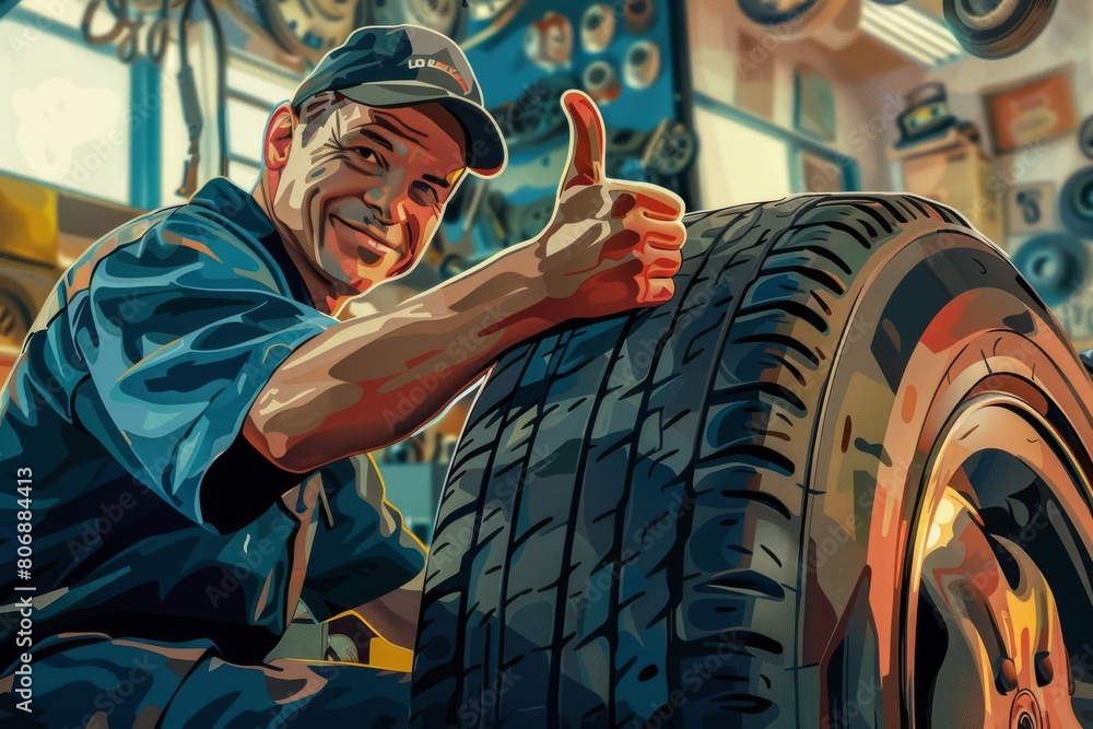 mechanic giving thumbs up with car tire in repair shop auto service ...