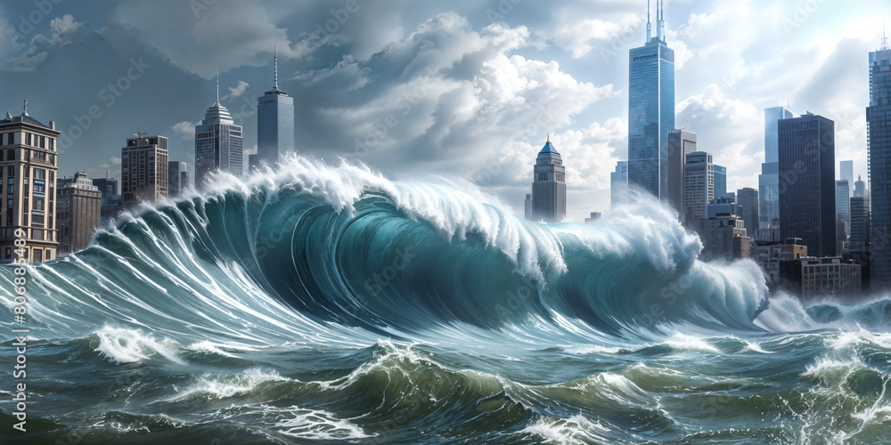 Tsunami Wave Approaching City Skyline. Disaster Concept. Large tsunami ...