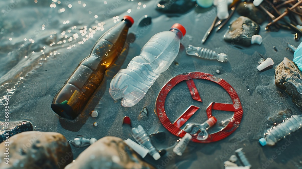 Red no-use symbol with single-use plastic items, emphasizing marine ...