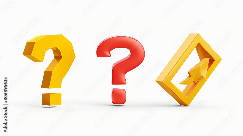 Set of 3D signs including check mark, question mark, and caution ...
