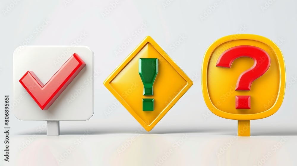 Set of 3D signs including check mark, question mark, and caution ...