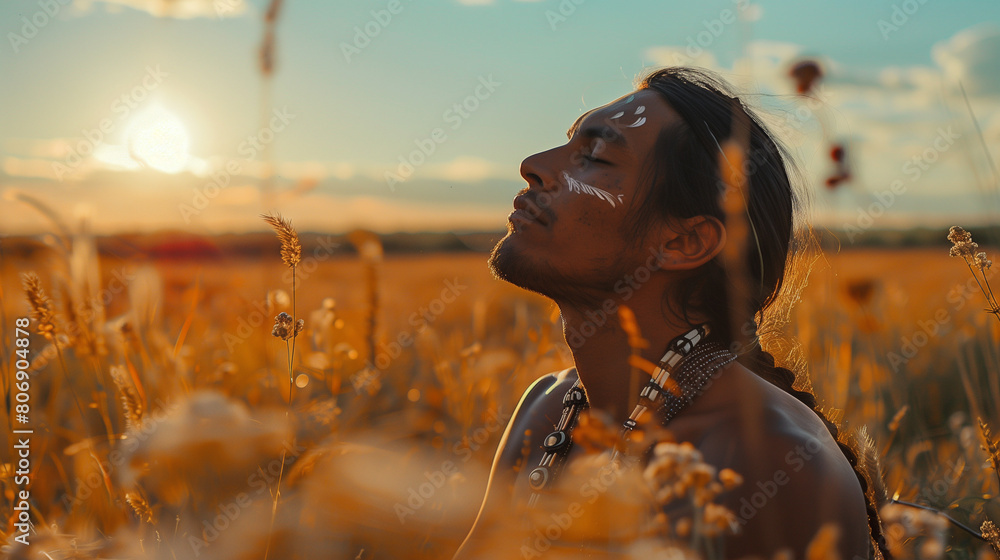 Young millenial indigenous native american man in a field breathing in ...