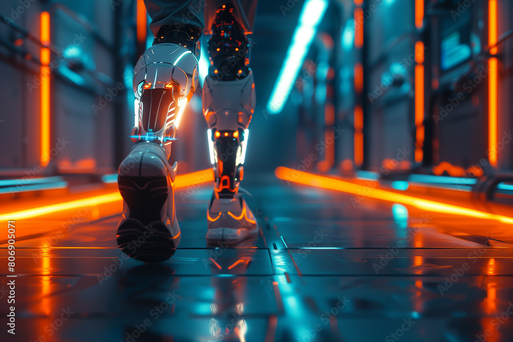 Robot walking in illuminated corridor with bionic legs, robotic ...