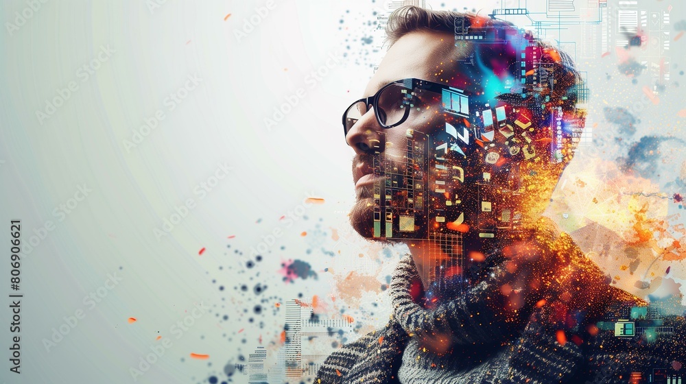 concept of human being's connection to technology, man's face is made ...