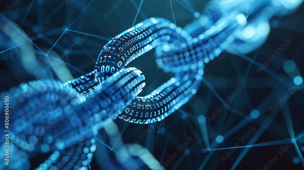 Blockchain identity management technology, glowing blue chain of ones ...