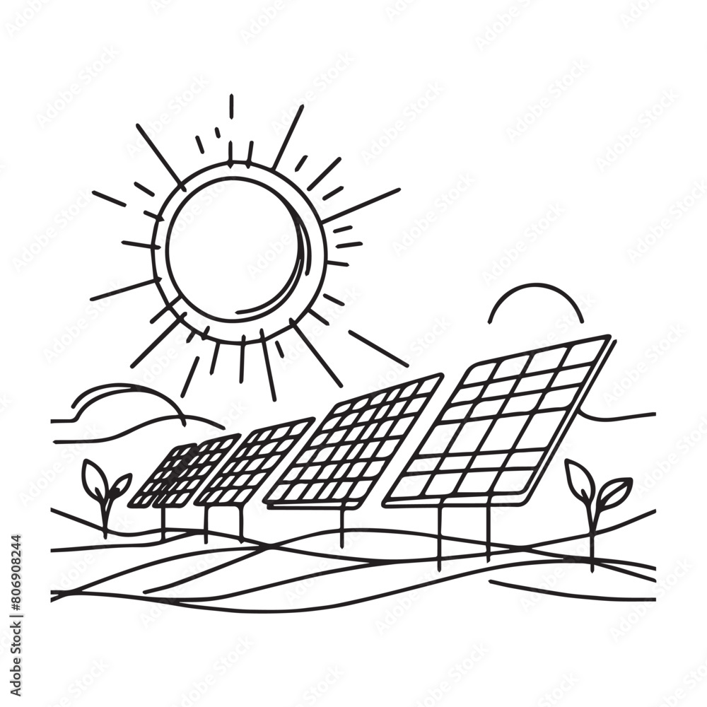 Solar energy in continuous line art drawing style. Solar panels facing ...
