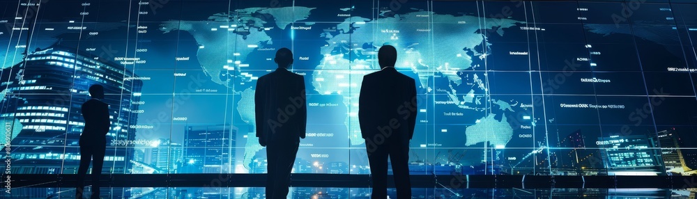 Business Concept : Silhouettes on map show complex global business ...