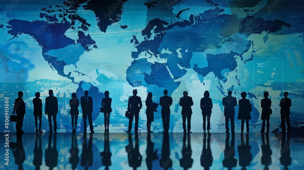 Business Concept : Silhouettes on map show complex global business ...