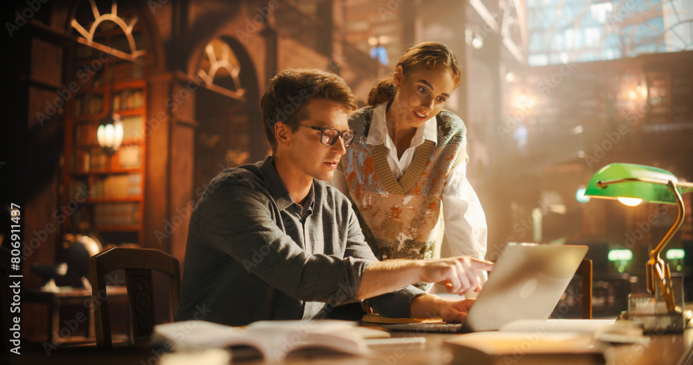 Female and Male Students Studying in a College Library. Female Helping ...