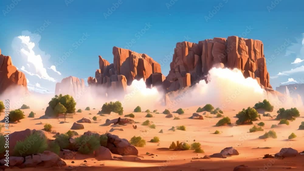 Contemporary cartoon depicting a sandstorm in a desert landscape with ...