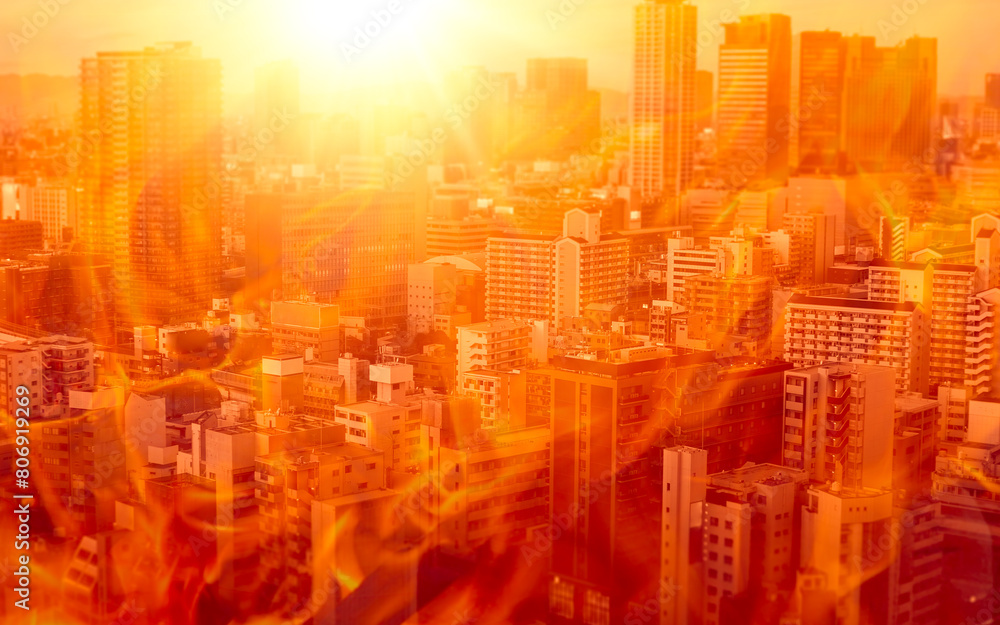 extreme high temperature hot city environment urban cityscape fire burn ...