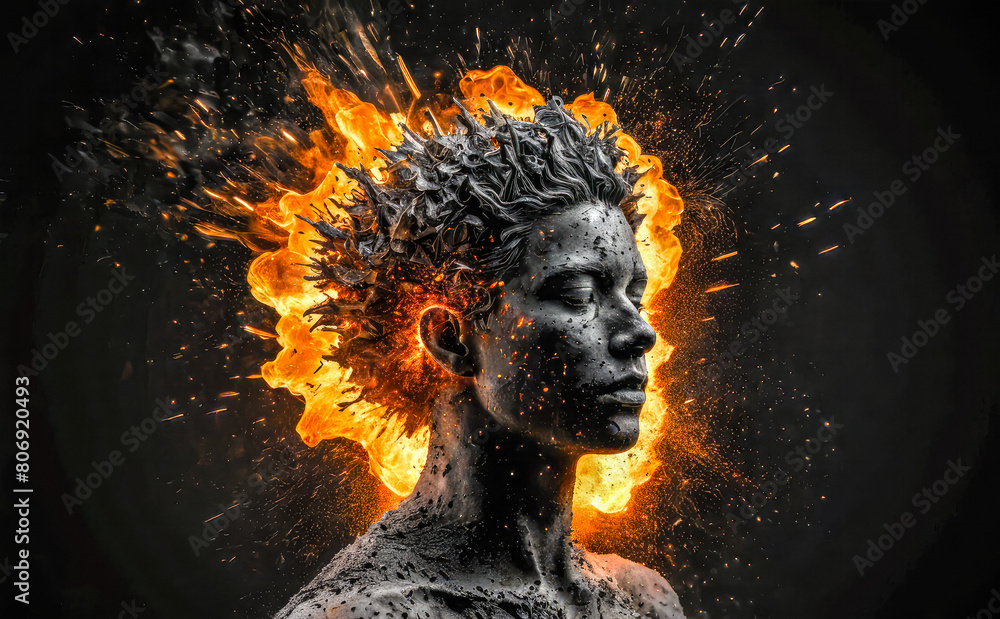 Fiery clouds of raging smoke with human head, powerful symbol of ...