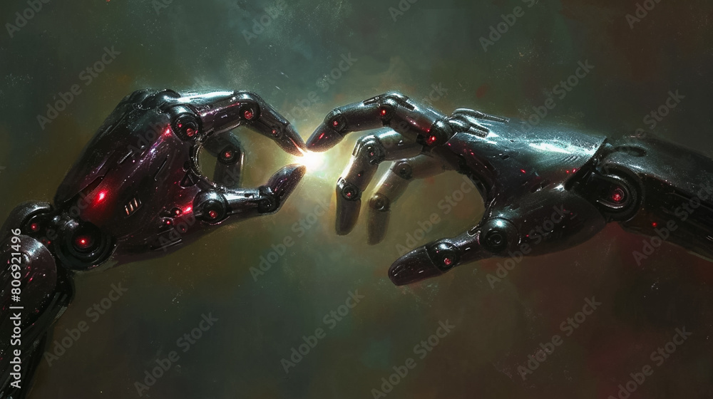 Illustrate a symbolic connection between a robot and a human hand in a ...