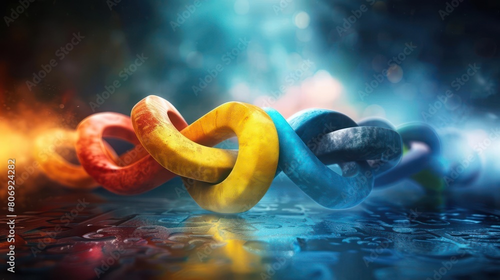 A glowing infinity symbol made of blue, yellow, and red metal. The ...