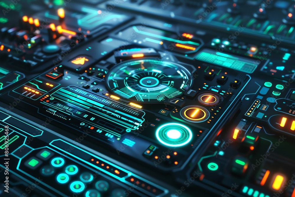 Futuristic control panel with digital knobs, dials, and screens ...