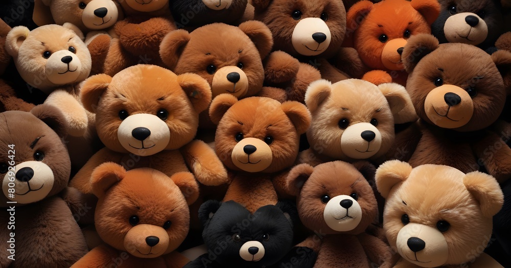 Full frame image of many teddy bears squeezing each other and squinting ...
