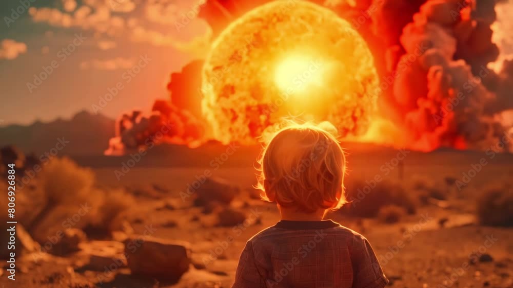 Child watching nuclear explosion retro style in desert back view ...