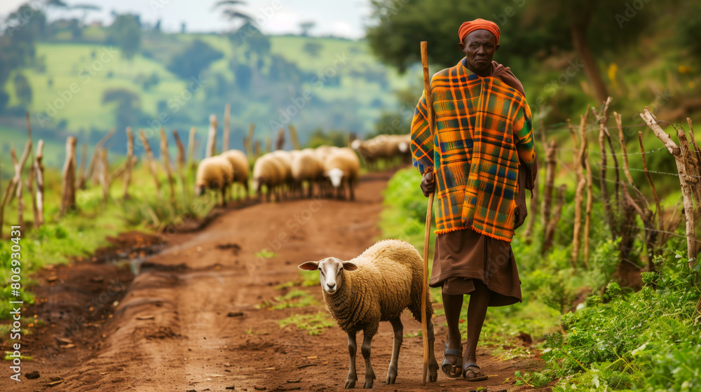 Elderly shepherd in traditional clothing stands with a staff, leading a ...