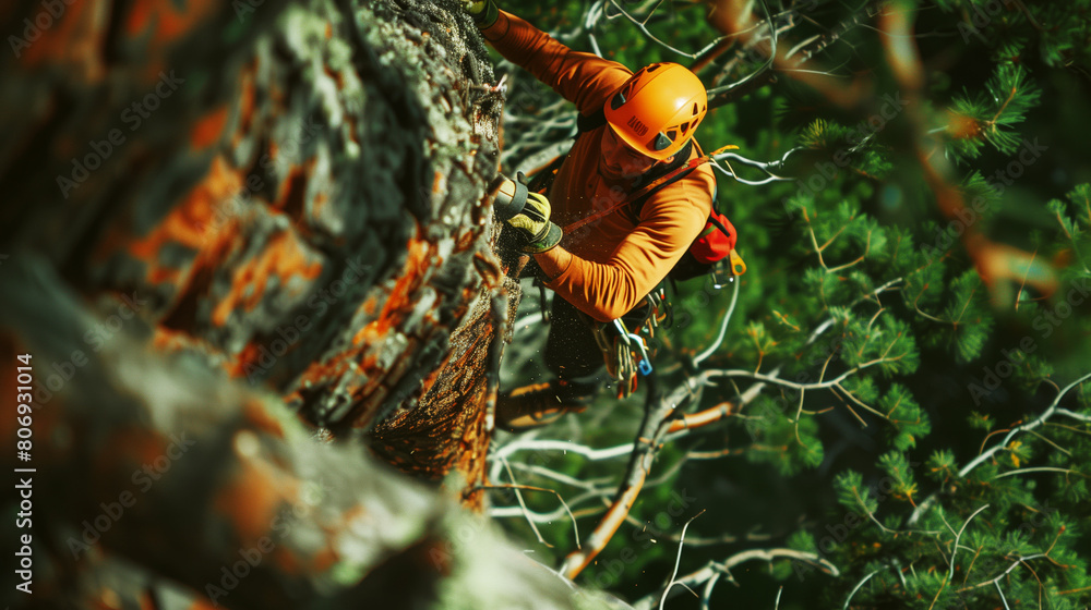 Climber scaling a rocky cliff face, equipped with climbing gear and a ...