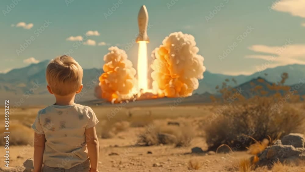 Retro-style back view of child watching nuclear explosion in the desert ...