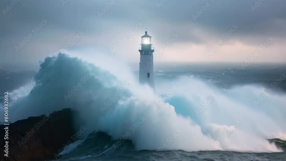 Resilient lighthouse standing tall in stormy seas as a symbol of ...