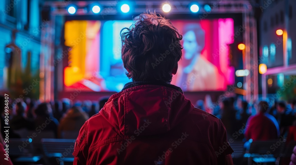 Back view of a man in red jacket watching a film at a vibrant outdoor ...