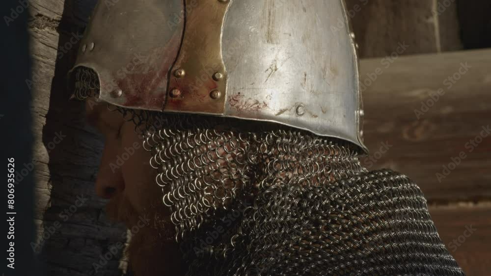 Medieval old knight helmet and chain mail for protection in battle ...