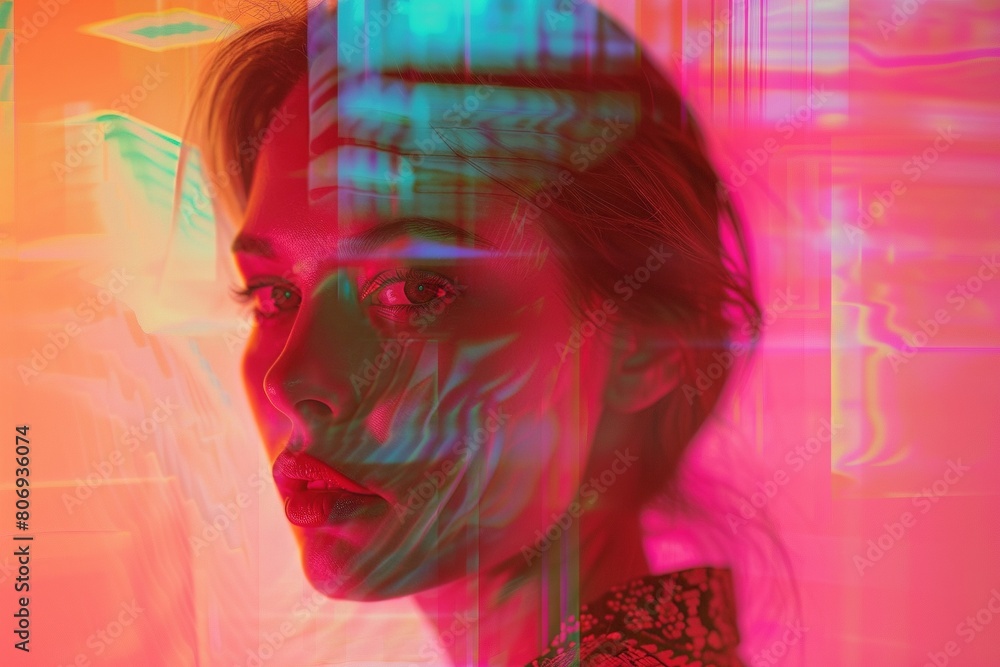 A pixelated portrait of a businesswoman, rendered in a distorted ...