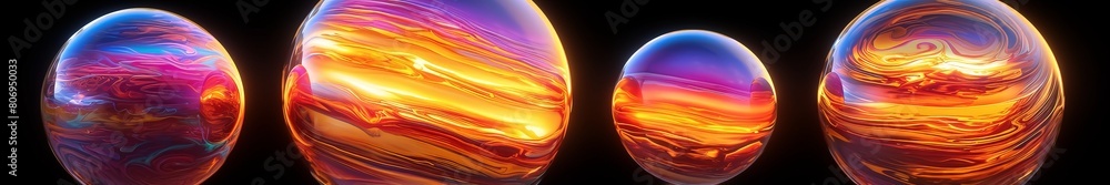 Four voluminous spheres on a black background, the spheres resemble gas ...